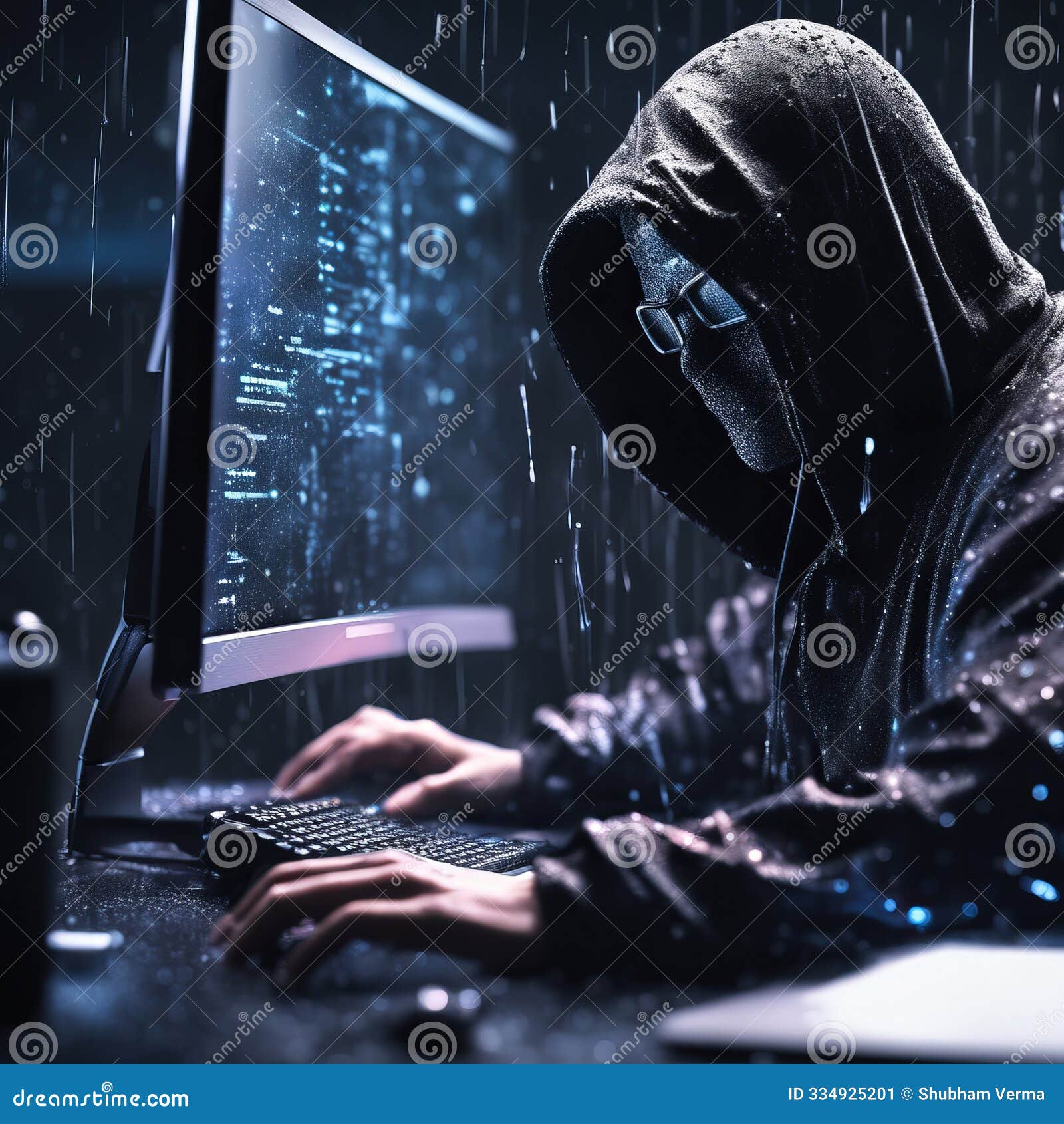 Hacker In Hoodie Using Laptop In Dark Interior Hacker In Hood Using Laptop With Hacking Code