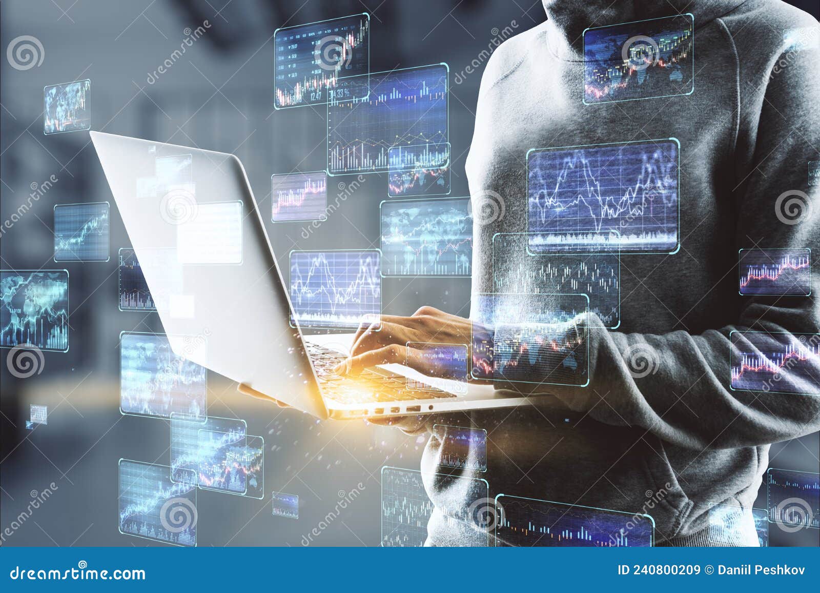 Hacker in Hoodie Using Laptop with Various Forex Screens on Blurry ...