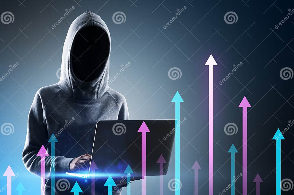 Hacker in Hoodie Using Laptop with Various Growing Arrows on Background. Growth, Hacking, Future ...