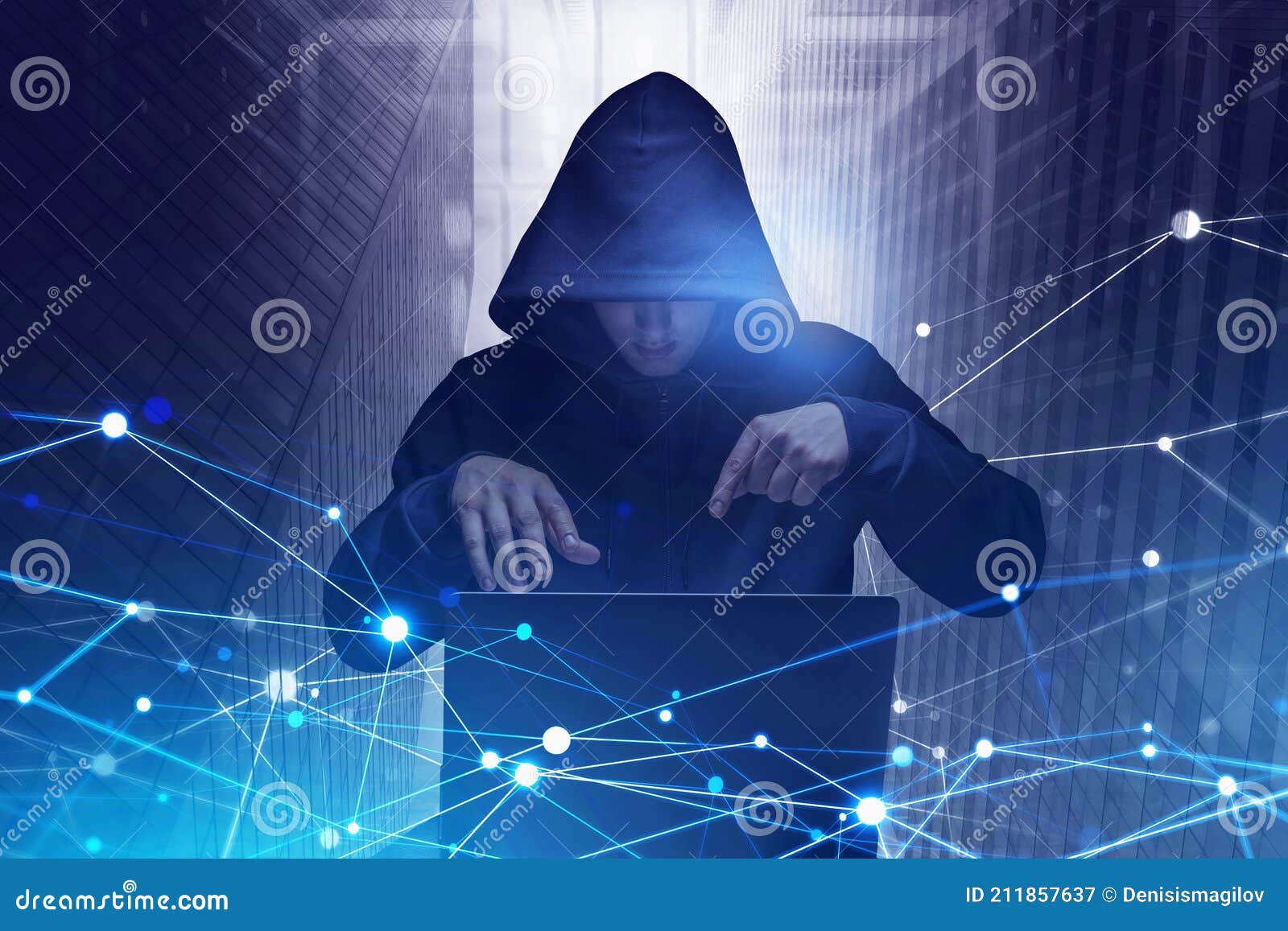 Hacker in Hoodie, Web Interface and Data Room, Low Angle Skyscra Stock ...