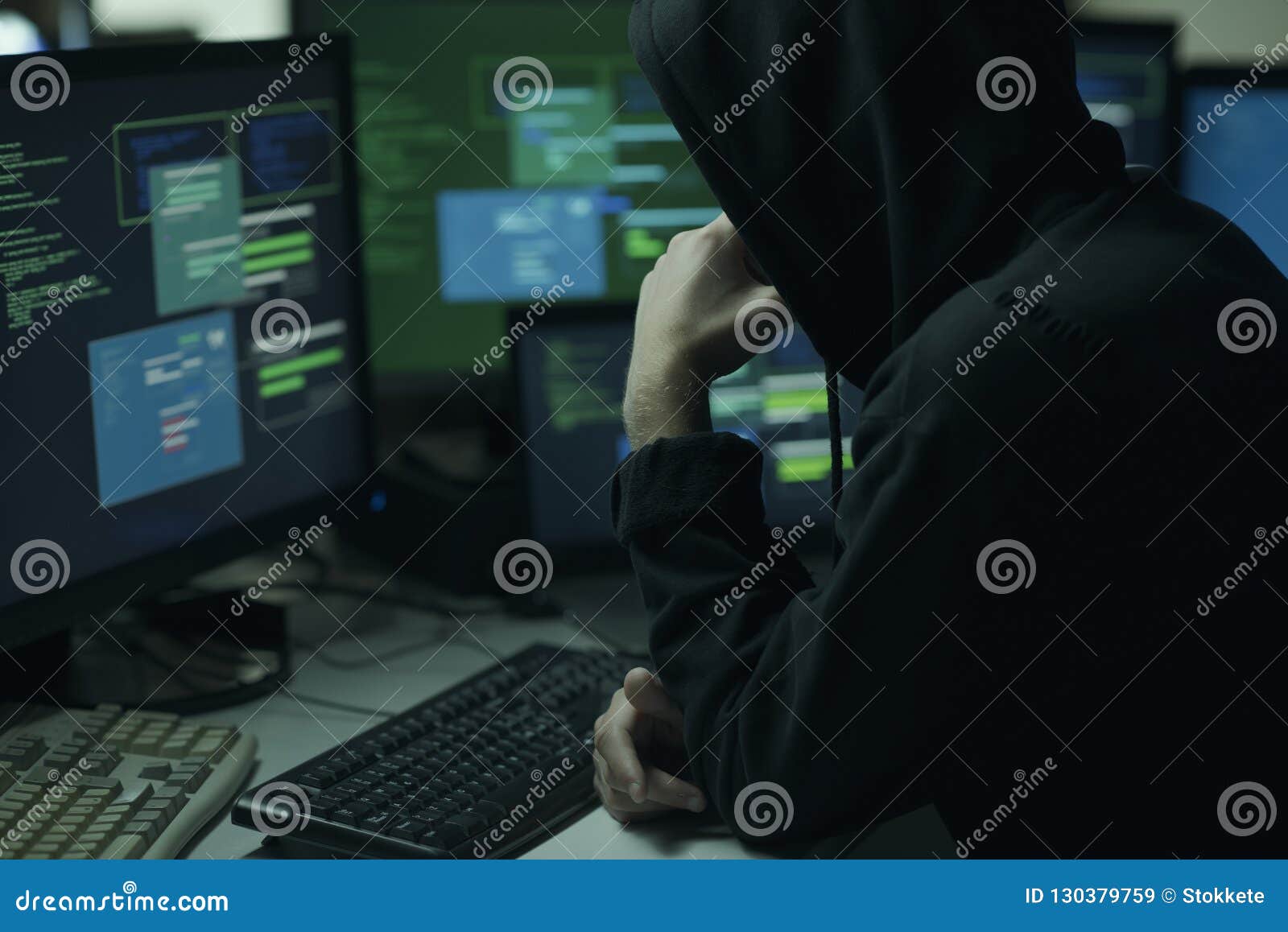 Hacker with Hoodie Working with a Computer Stock Image - Image of ...