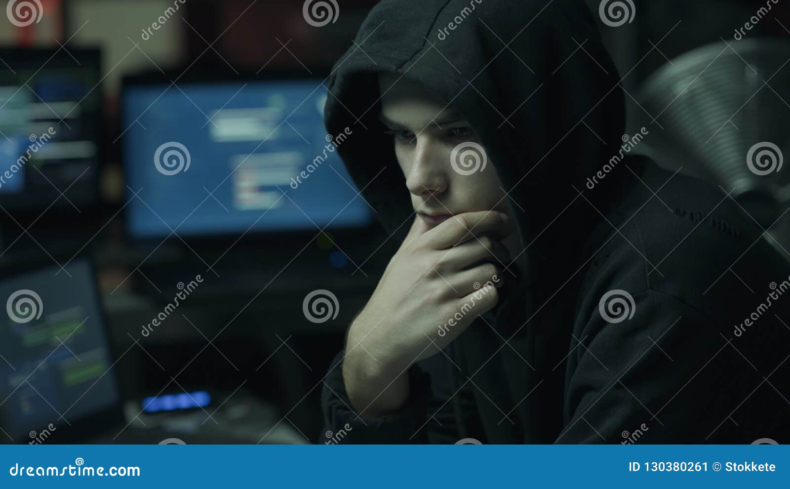 Hacker with Hoodie Working with a Computer Stock Image - Image of ...