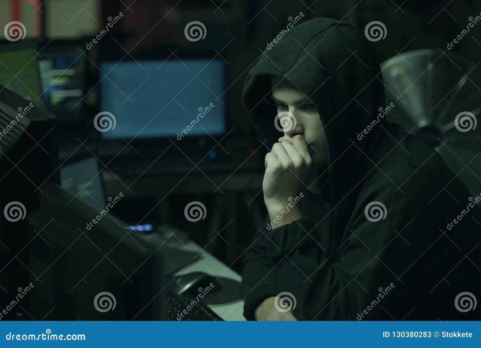 Hacker with Hoodie Working with a Computer Stock Image - Image of ...