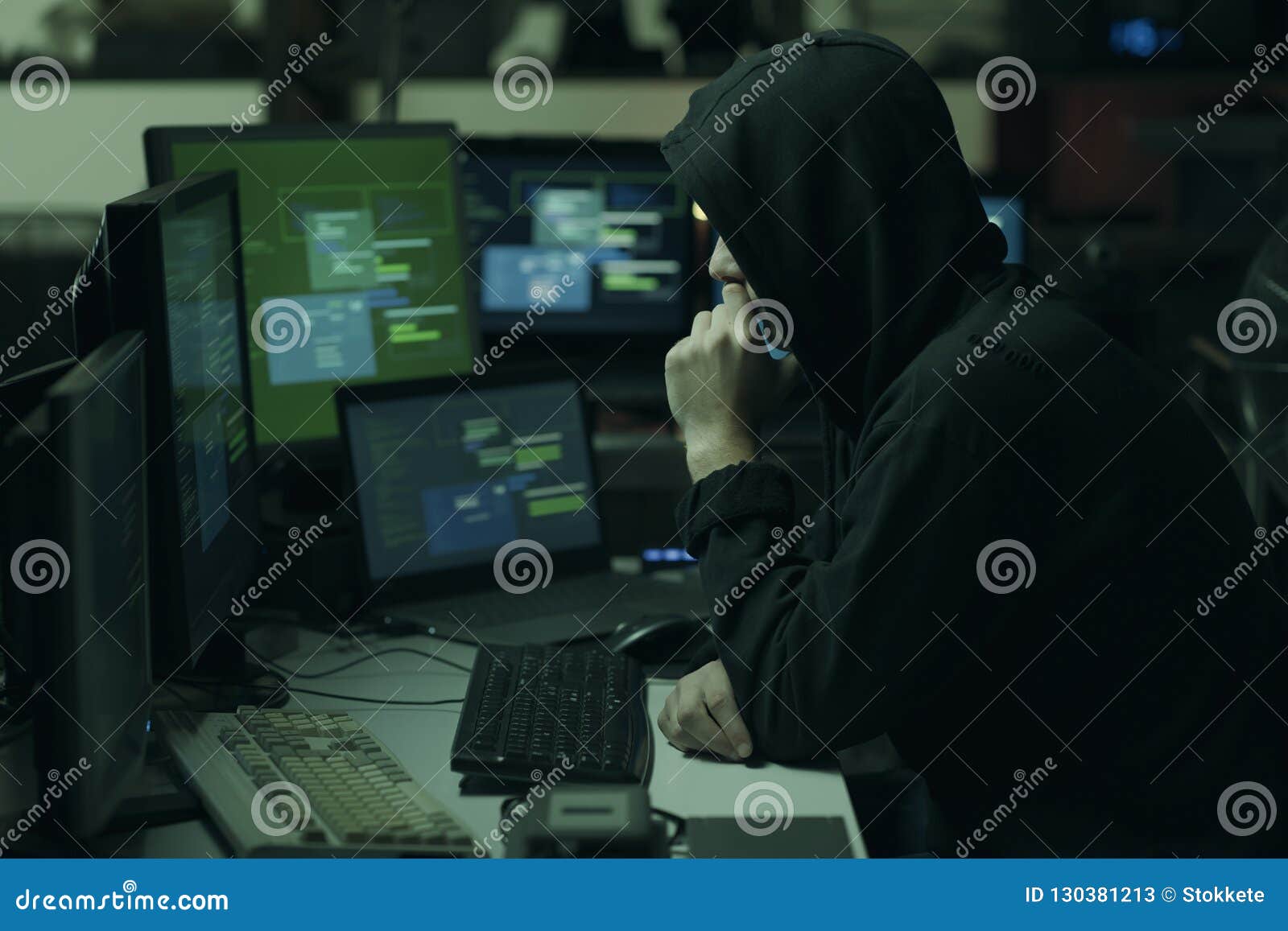 Hacker with Hoodie Working with a Computer Stock Image - Image of ...