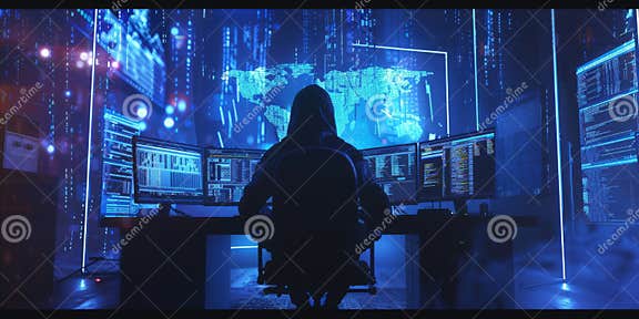 Hacker in Hoodie Working with Multiple Computer Monitors in a Dark Room ...