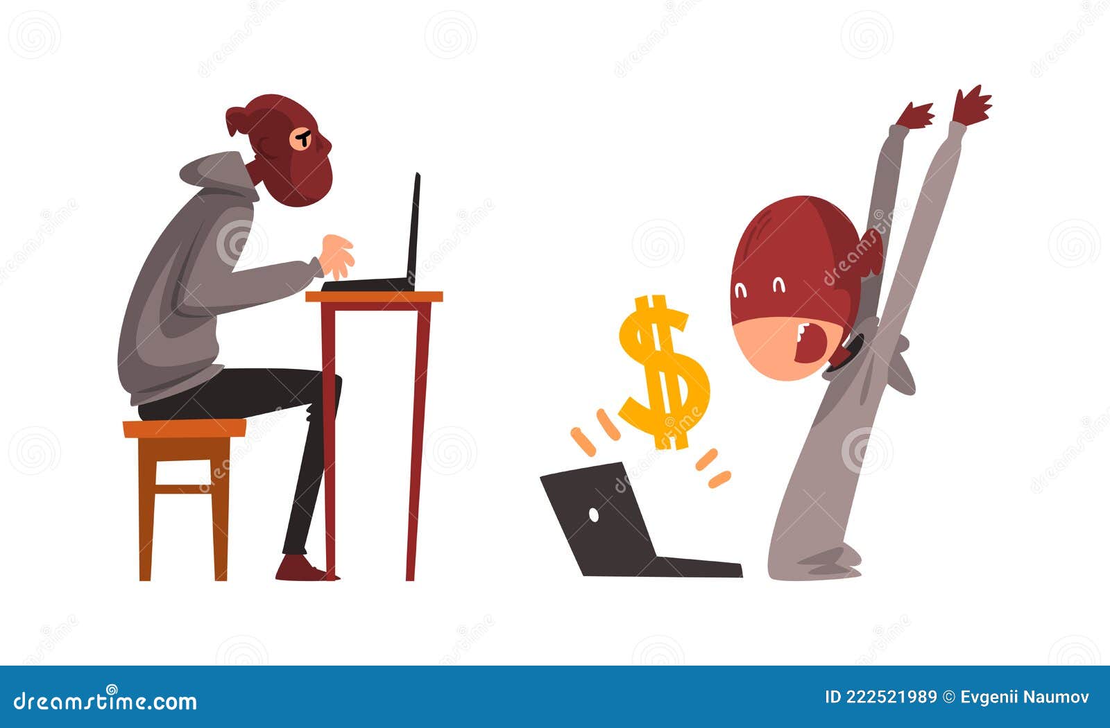 Hacker in Hoody and Mask Stealing Money Using Laptop Vector Set Stock ...