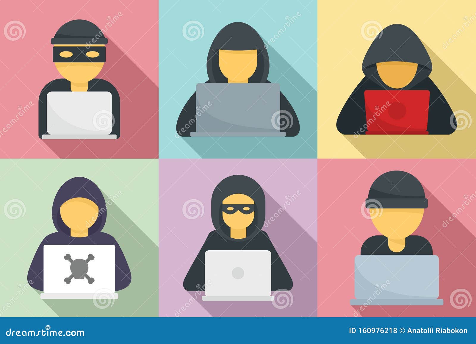 Hacker Icons Set, Flat Style Stock Vector - Illustration of hacking ...