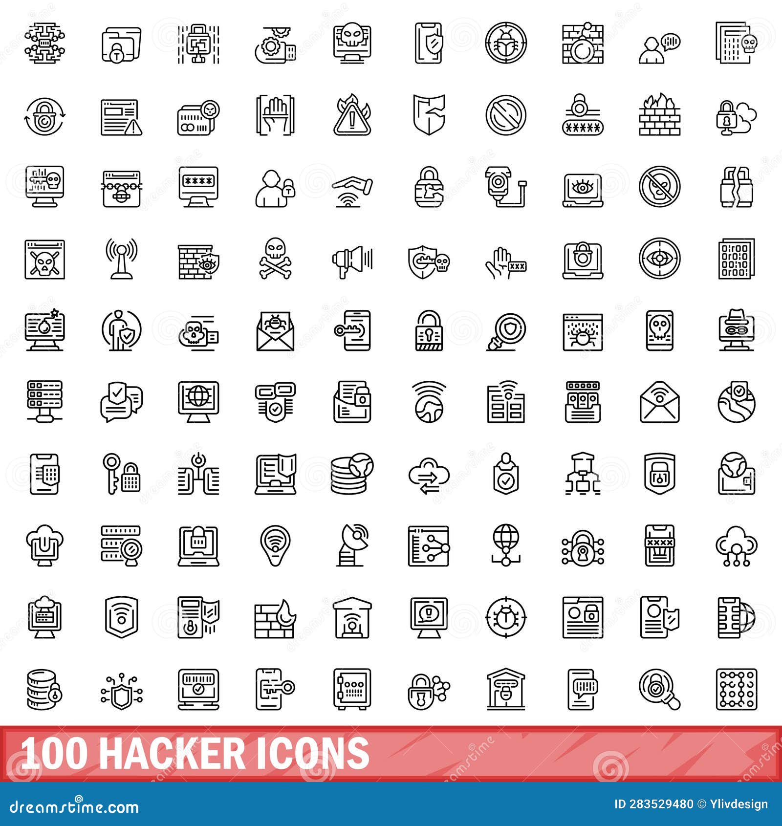 100 Hacker Icons Set, Outline Style Stock Illustration - Illustration ...