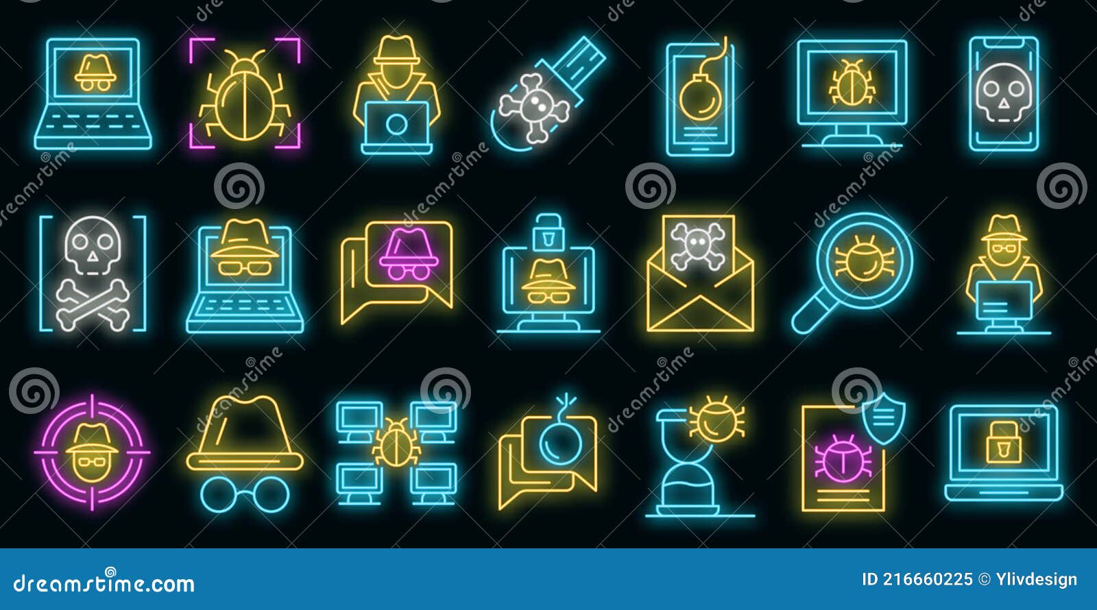 Hacker Icons Set Vector Neon Stock Vector - Illustration of black ...
