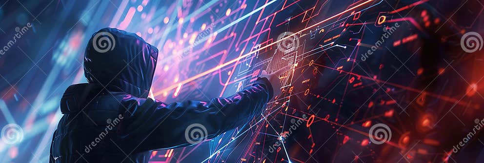 A Hacker Interacts with Complex Digital Displays, Methodically Inputting Commands in a Dark ...