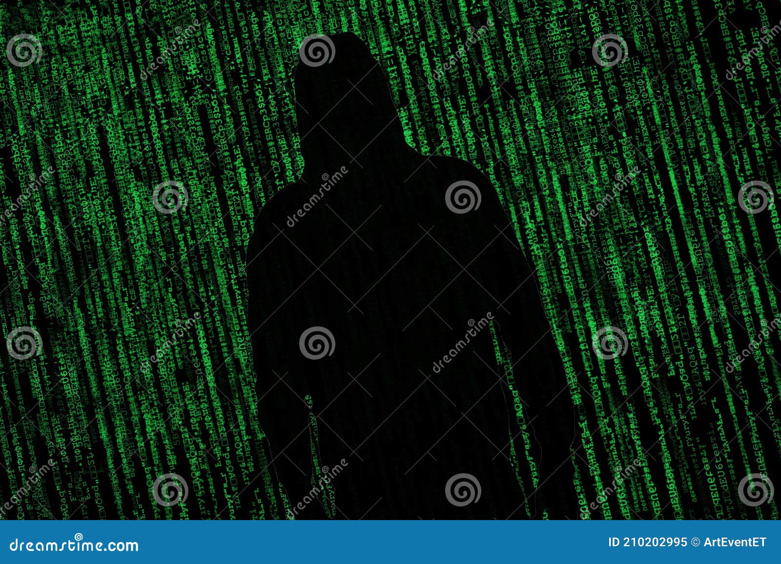 Hacker Internet Security Concept. Hacker Silhouette on Matrix ...