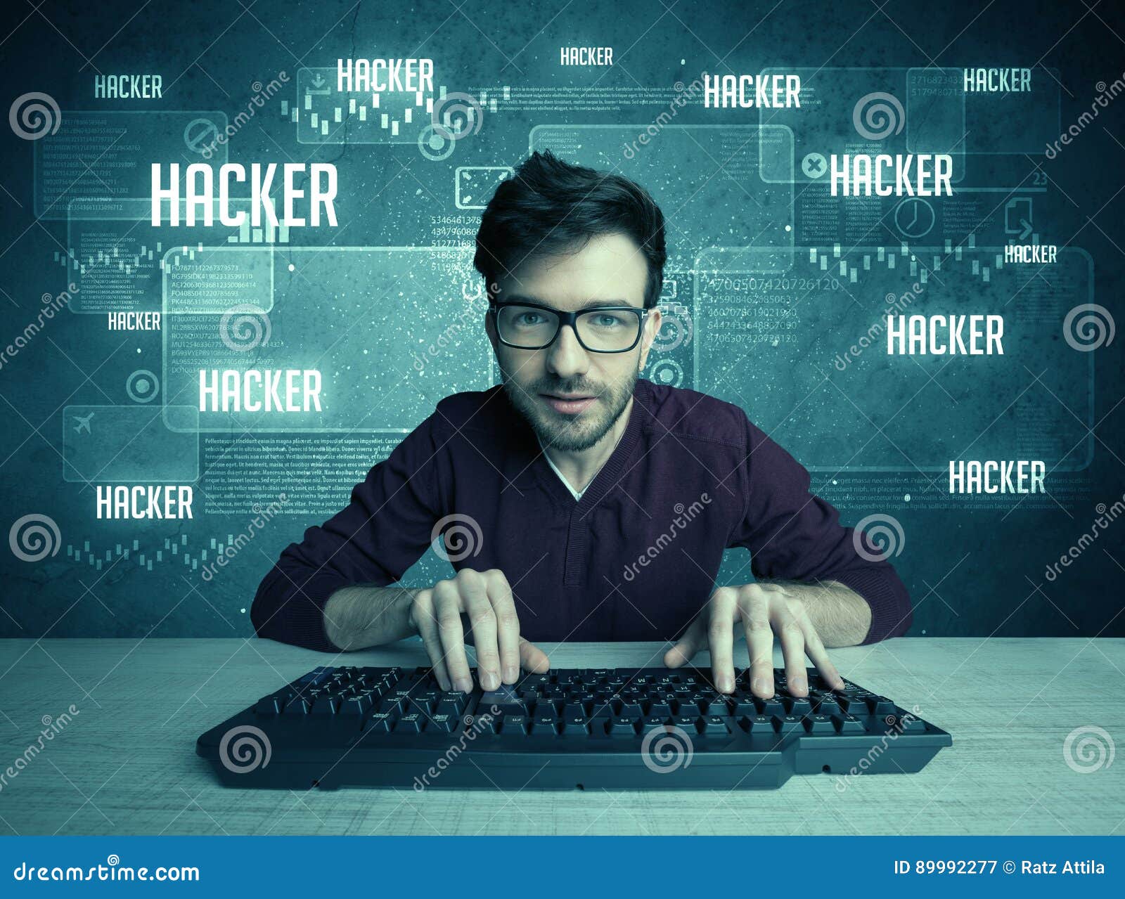 Hacker with Keyboard and Glasses Stock Image - Image of male, letters ...