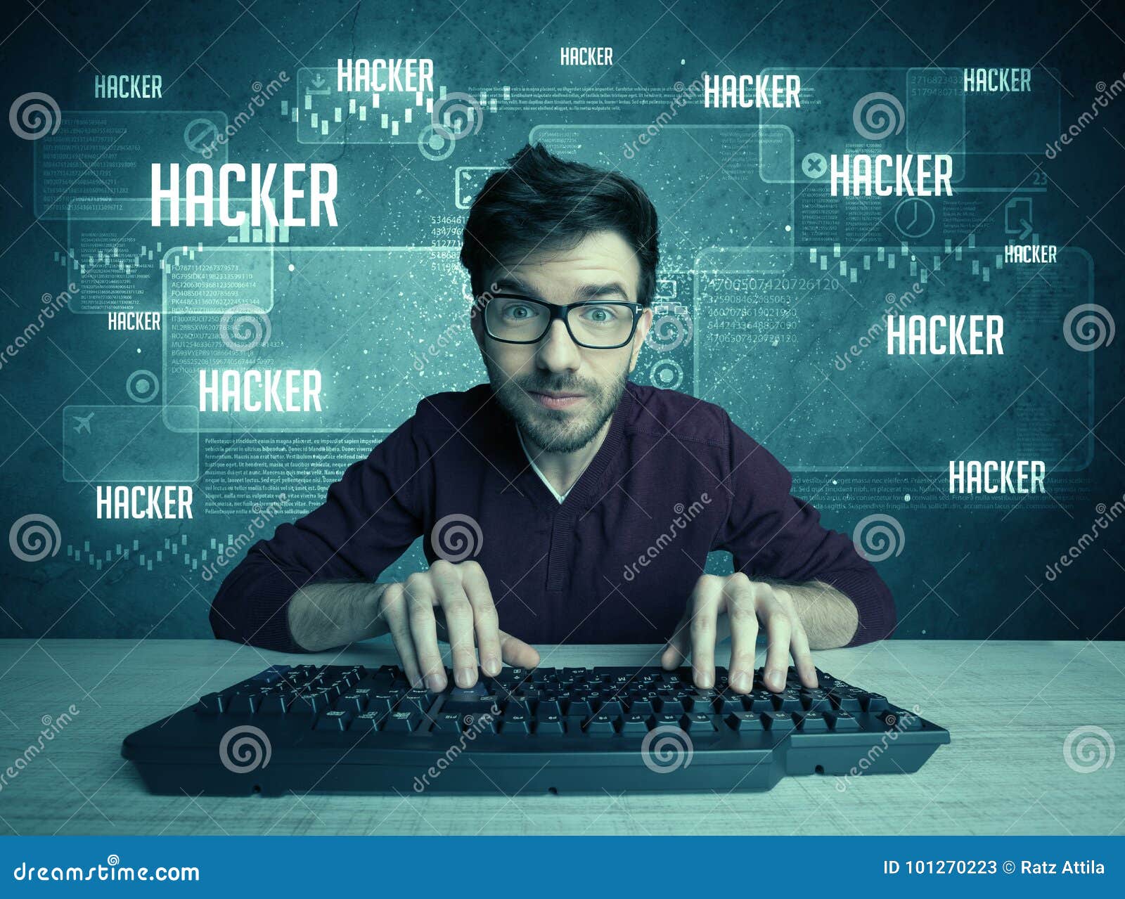 Hacker with Keyboard and Glasses Stock Image - Image of face, number ...