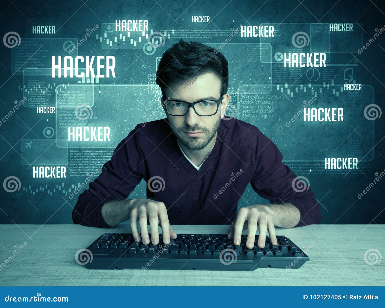 Hacker with Keyboard and Glasses Stock Image - Image of face, number ...