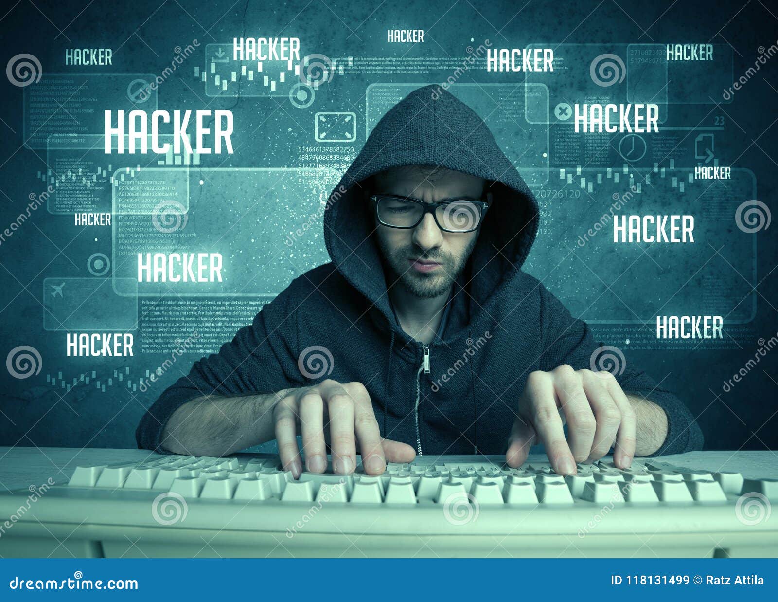 Hacker with Keyboard and Glasses Stock Image - Image of email, number ...