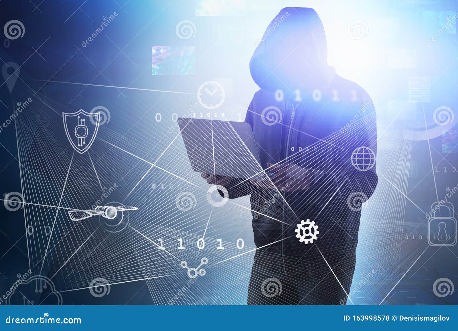 Hacker with Laptop, Big Data Interface Stock Photo - Image of filter ...