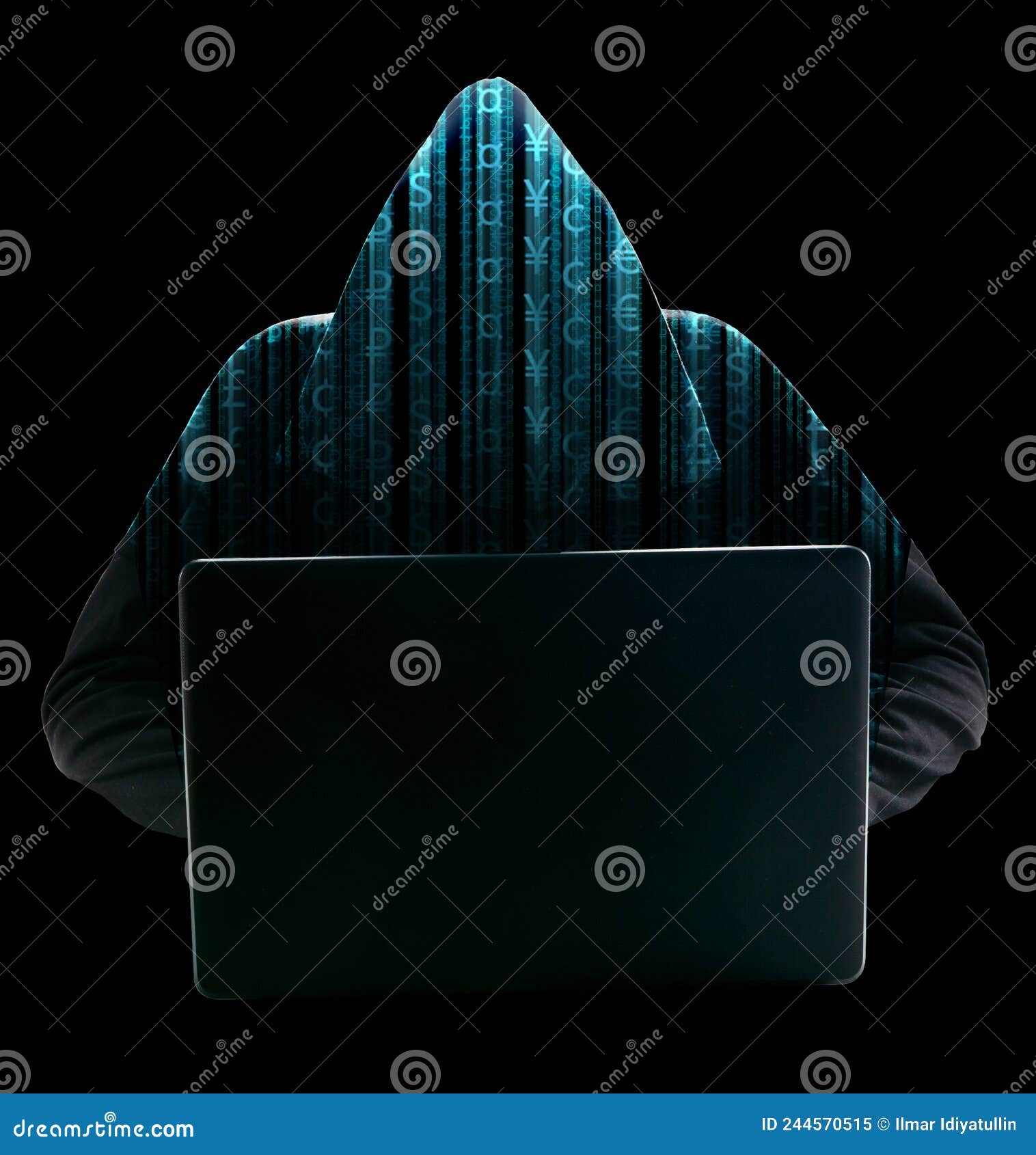 Hacker with Laptop and Binary Code, Isolated on Black. Computer ...