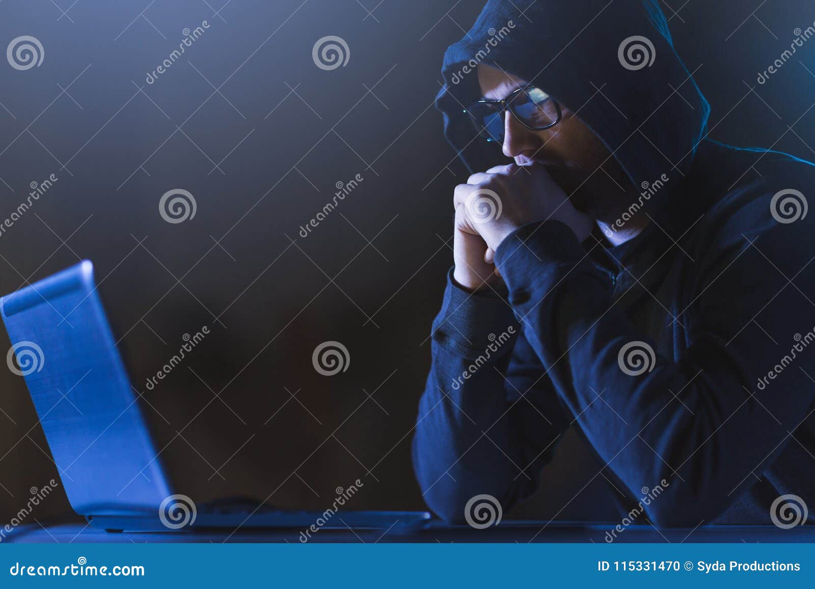 Hacker with Laptop Computer in Dark Room Stock Photo - Image of hacker ...