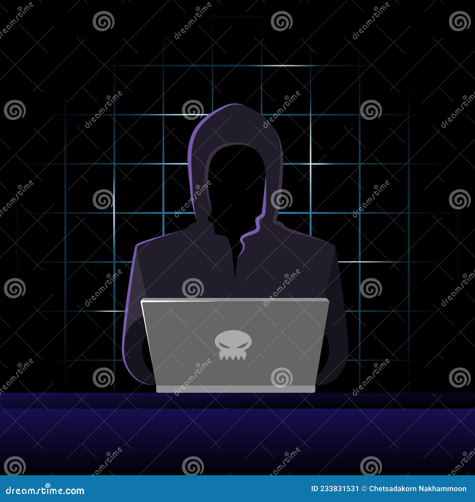 Hacker with Laptop Computer in Darkness Modern Simple Flat Style Vector ...