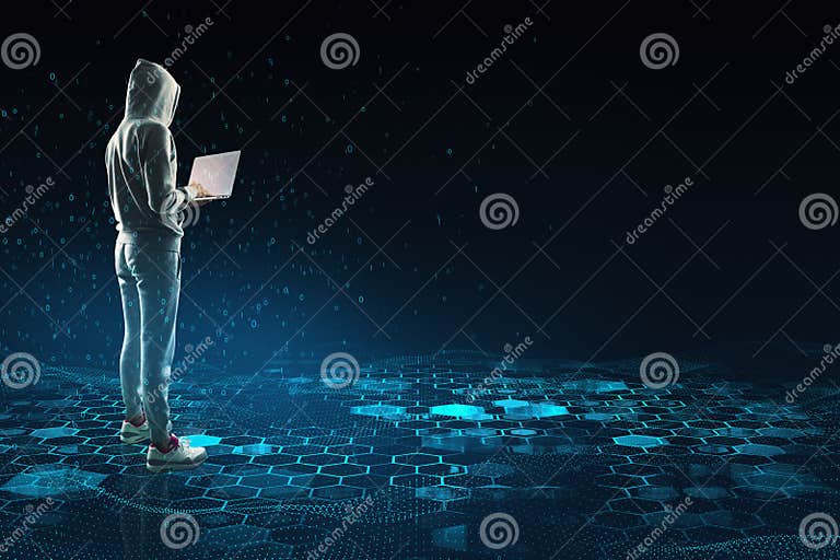 Hacker with Laptop Computer and Mock Up Place with Creative Blue ...