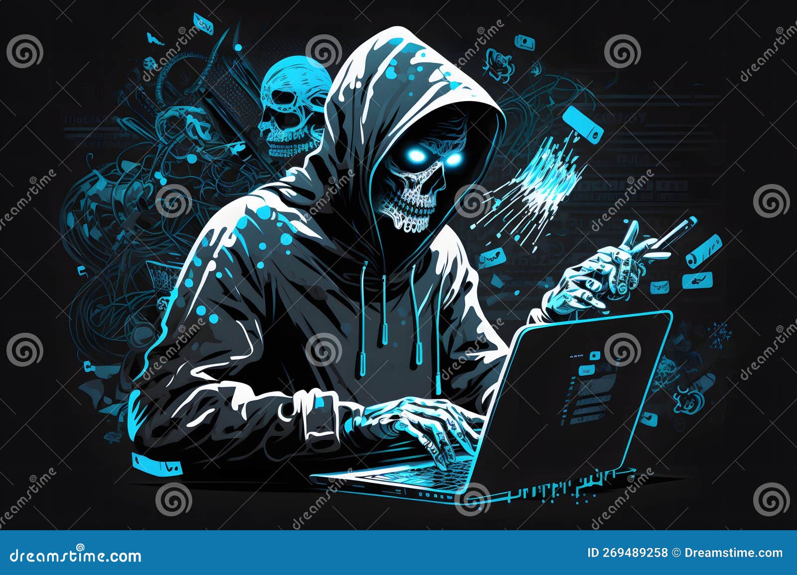 Hacker with Laptop Computer Stealing Confidential Information Created ...