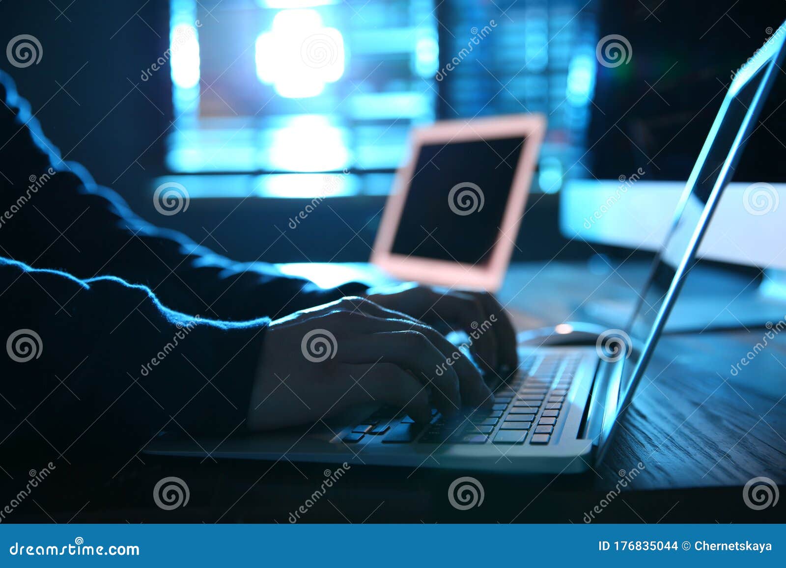 Hacker with Laptop in Dark Room. Cyber Crime Stock Photo - Image of ...
