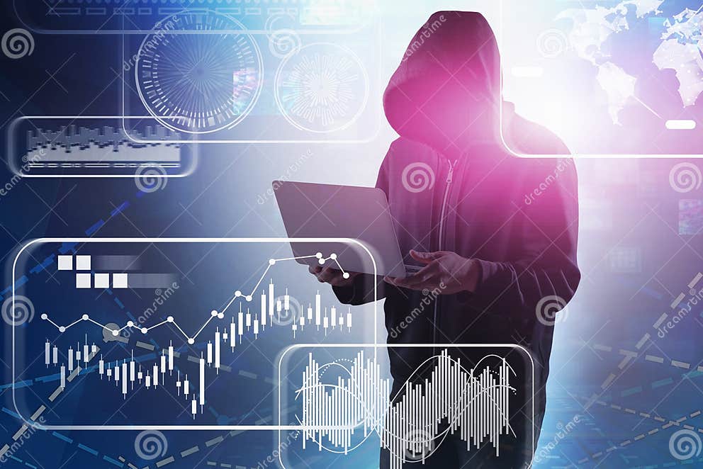 Hacker with Laptop, Infographic Interface Stock Image - Image of ...