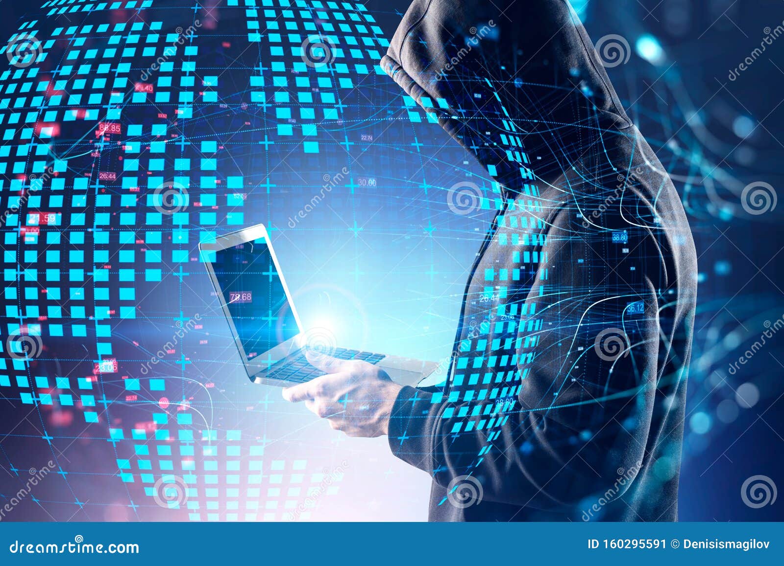 Hacker with Laptop, Planet Hologram Stock Image - Image of identity ...