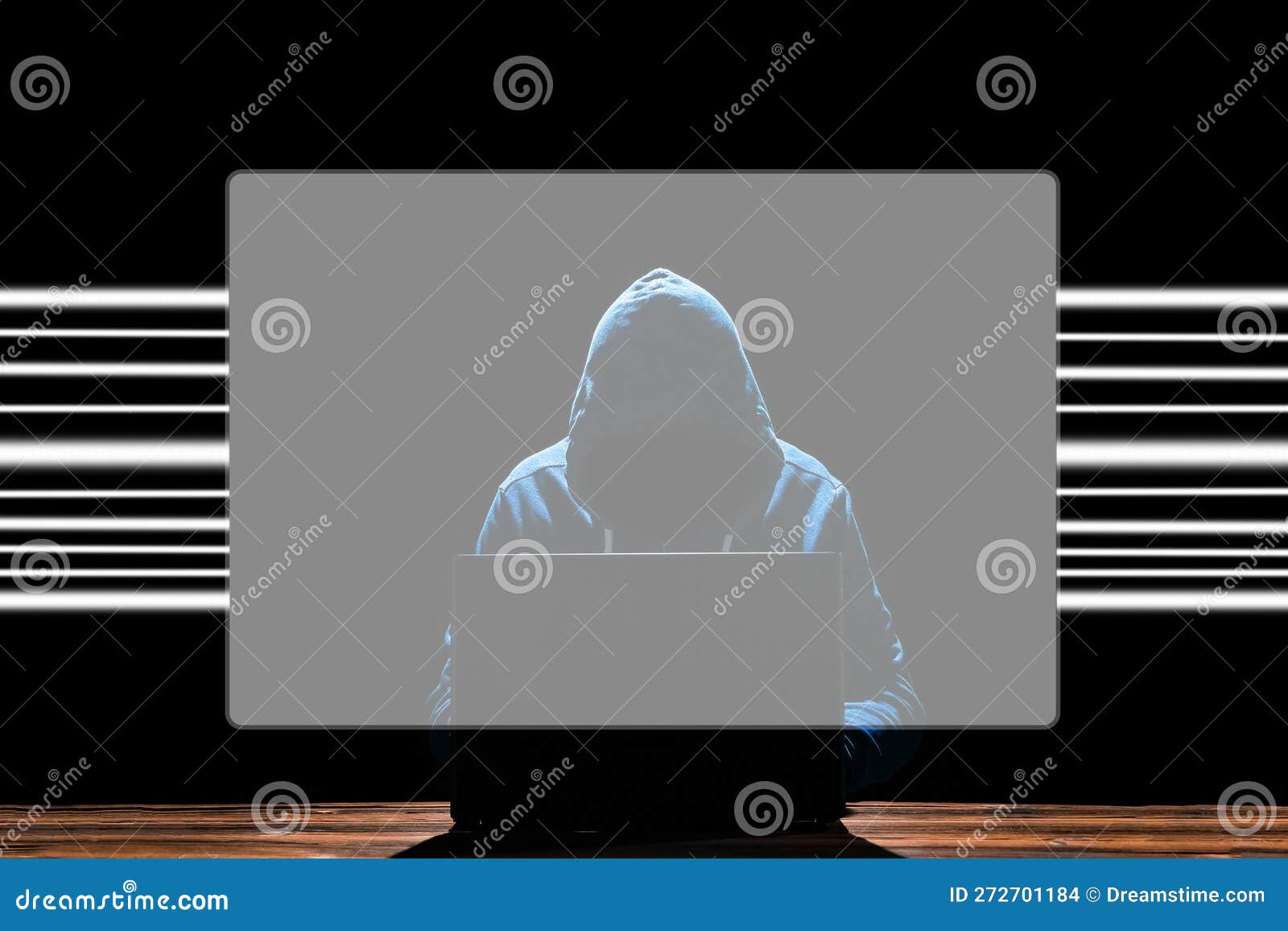 A Hacker with Laptop Sits at a Table and Abstract Binary Code. Business ...