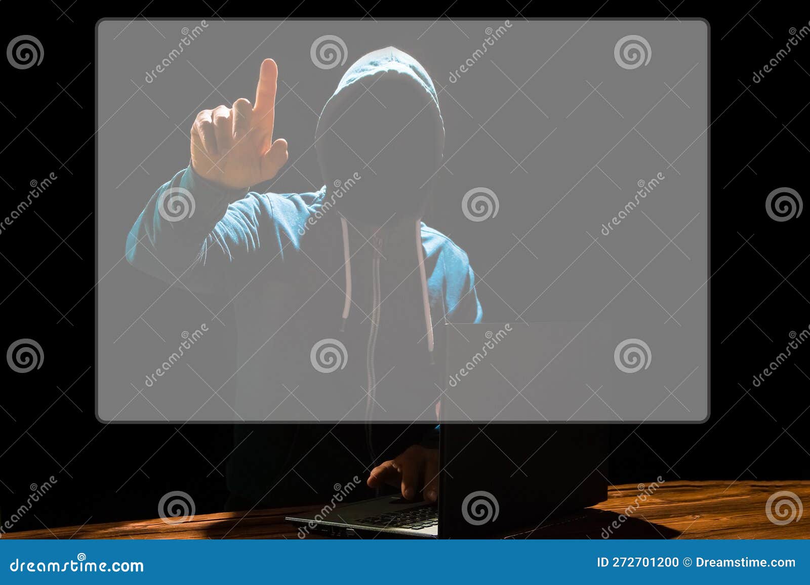 A Hacker with Laptop Sits at a Table and Abstract Binary Code. Business ...