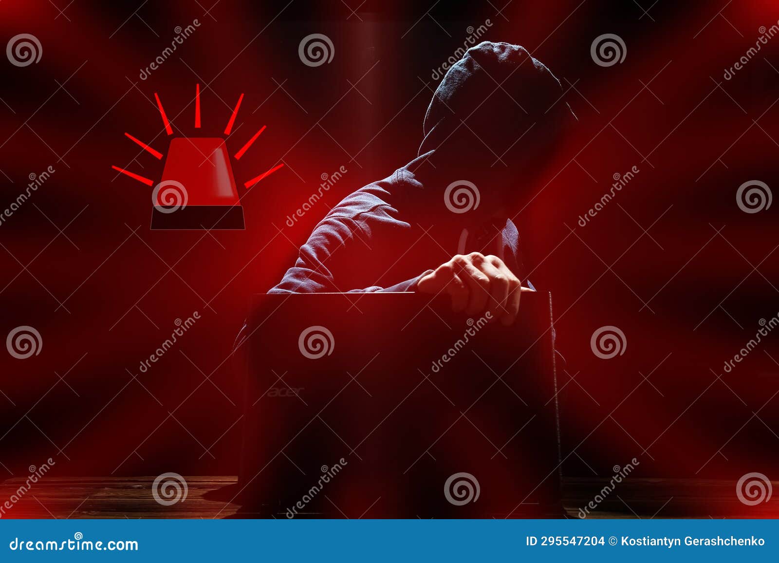 A Hacker with Laptop Sits at a Table and Abstract Binary Code. Business ...