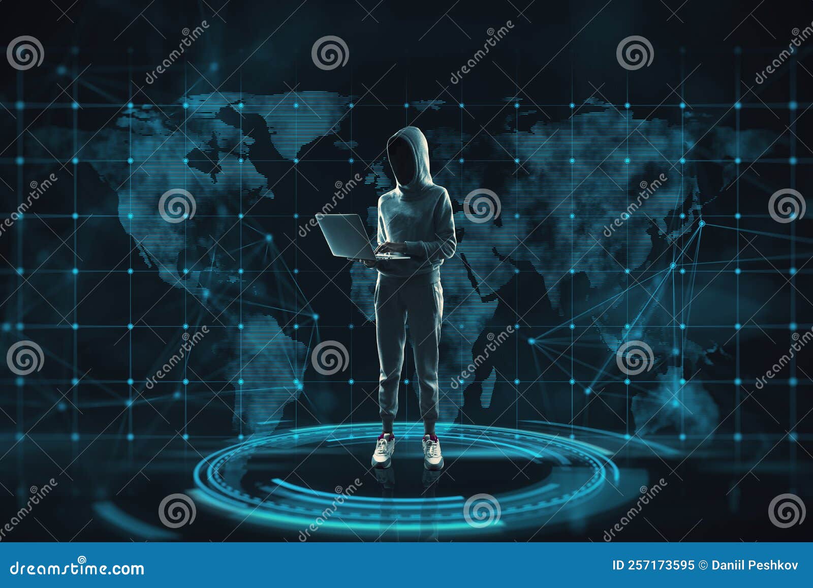 Hacker with Laptop Standing in Abstract Interior with Map Hologram ...