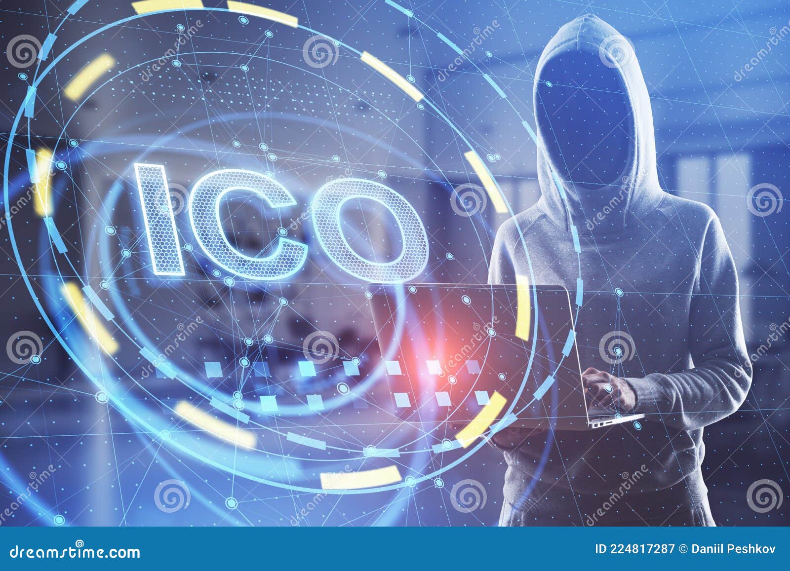 Hacker with Laptop Standing in Blurry Office Interior with Glowing Ico ...