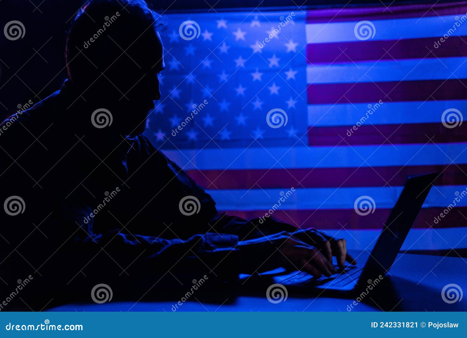 Hacker with Laptop and USA Flag in Background. Cyber Attack Concept ...