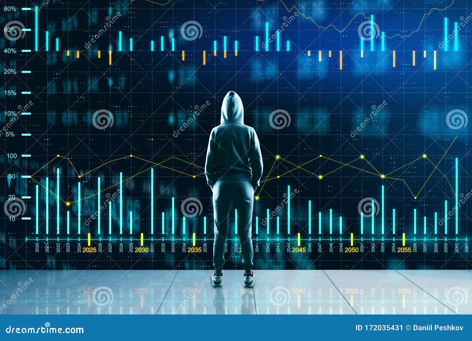 Hacker Looking on Glowing Stock Chart on Virtual Screen Stock Image ...
