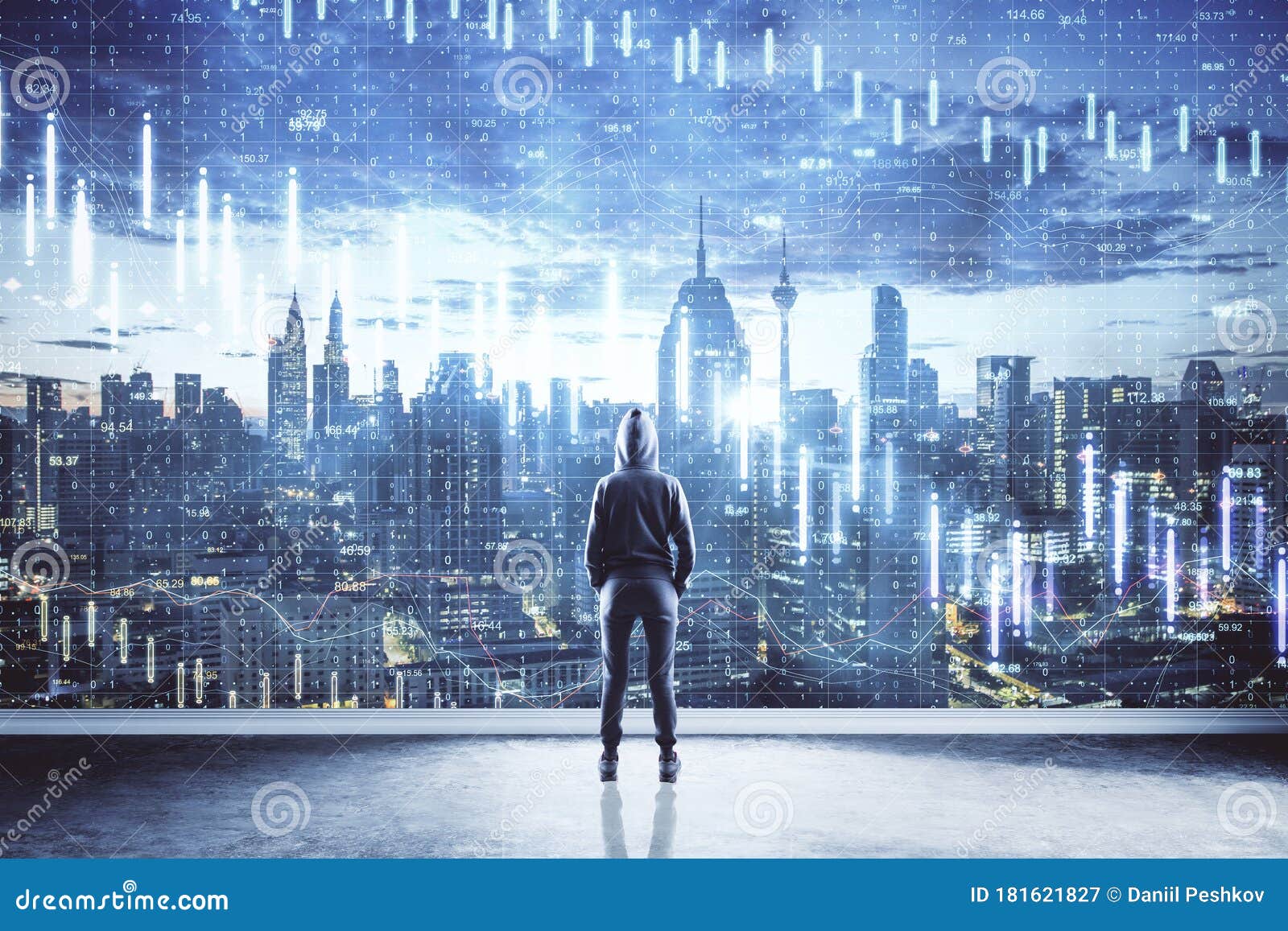 Hacker Looking on Glowing Stock Chart on Virtual Screen Stock Image ...