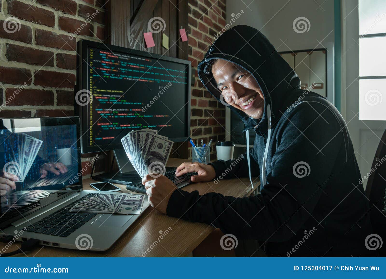 Hacker Looking Round and Holding Banknote. Stock Image - Image of ...
