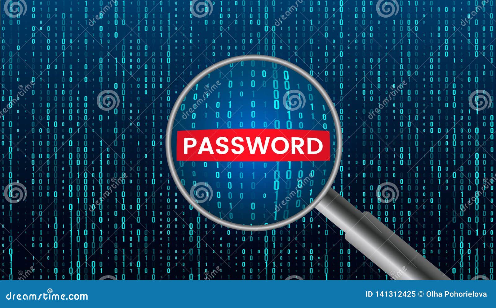 Hacker Magnifier with an Access Code on the Background of a Stream of Binary Numbers. Modern ...