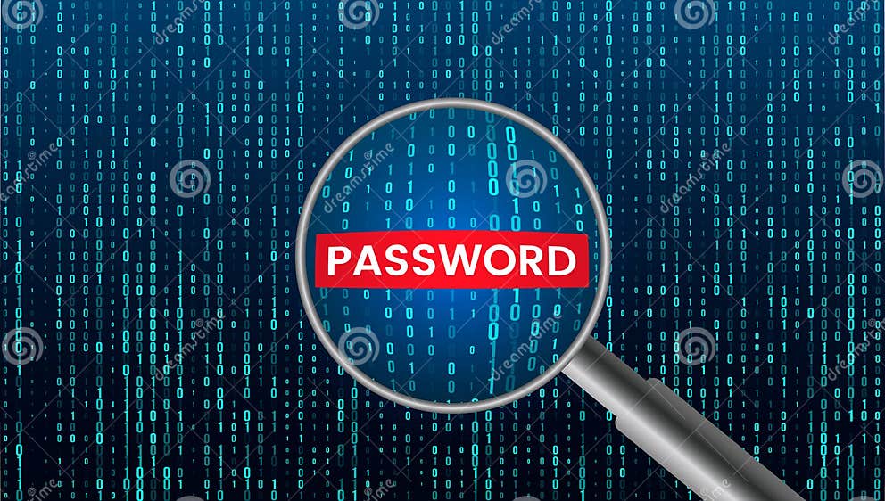 Hacker Magnifier with an Access Code on the Background of a Stream of Binary Numbers. Modern ...