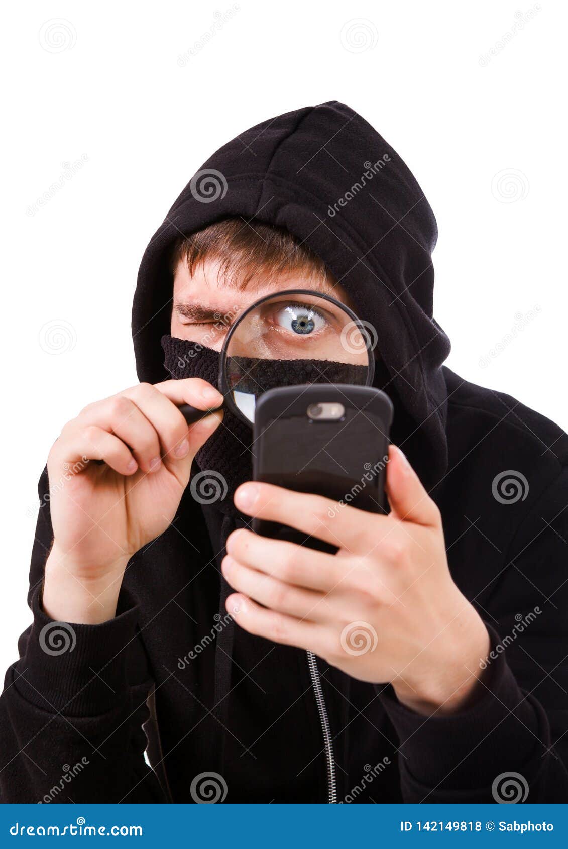 Hacker with a Magnifying Glass Stock Photo - Image of hood, banking ...