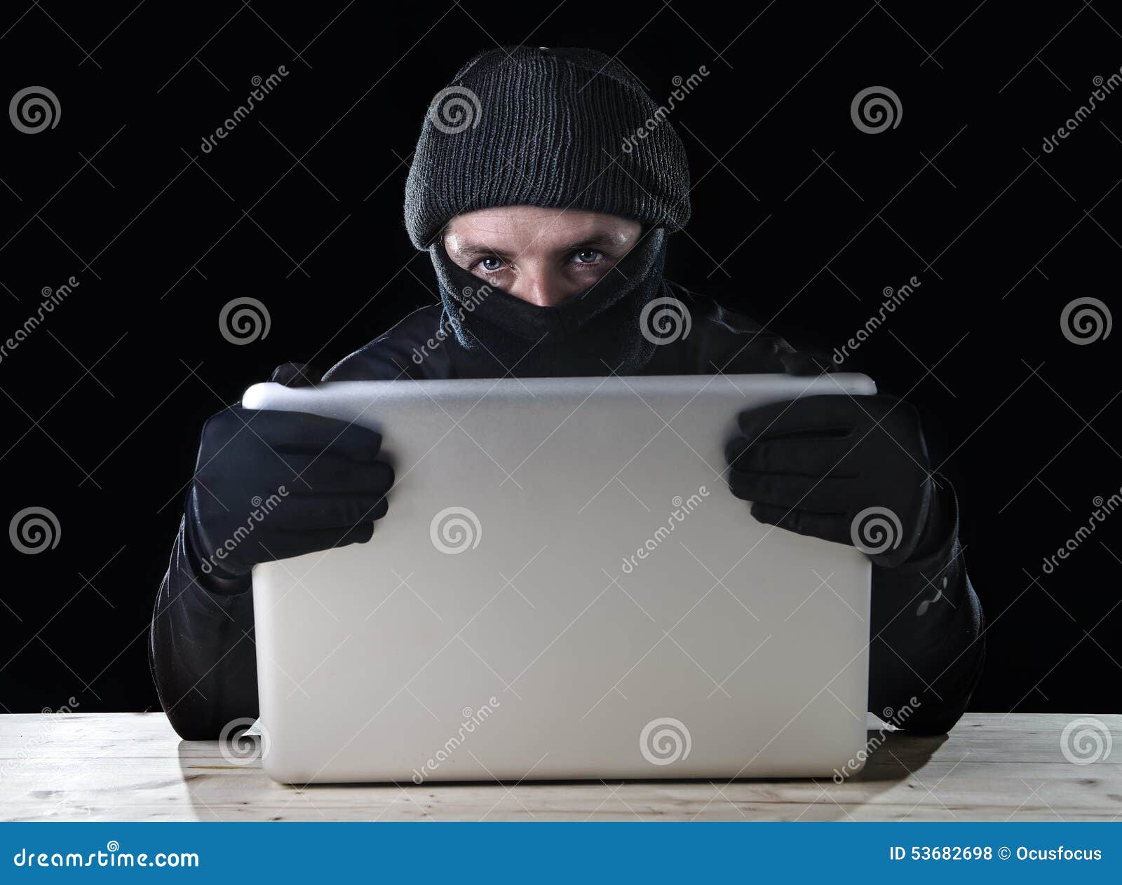 Hacker Man in Black Using Computer Laptop for Criminal Activity Hacking ...