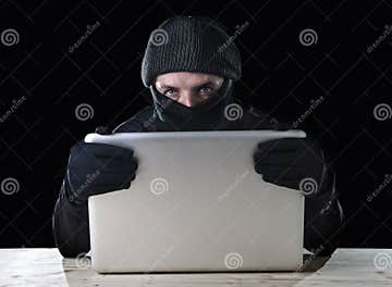 Hacker Man in Black Using Computer Laptop for Criminal Activity Hacking ...