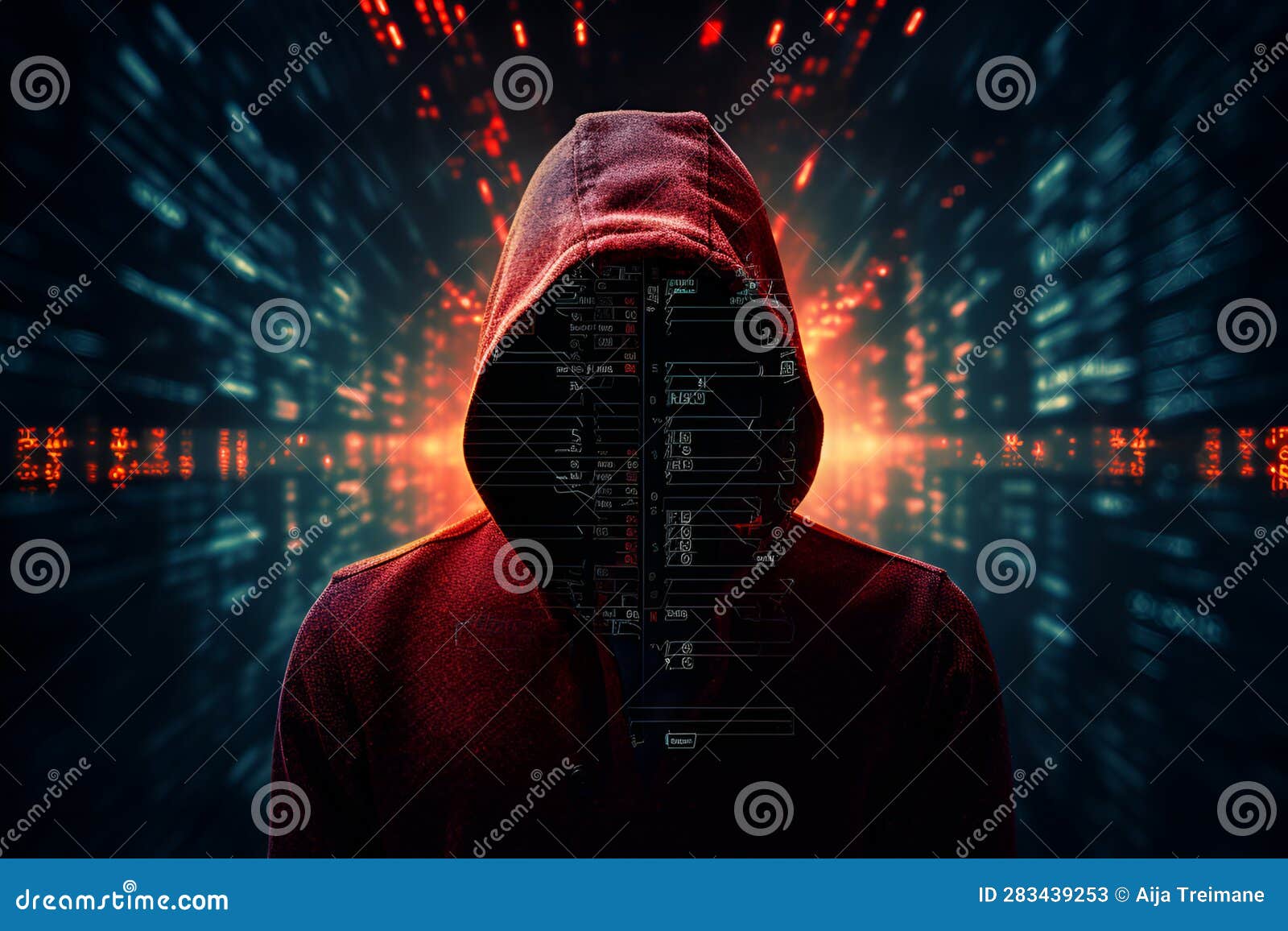 Hacker Man without a Face in the Red Hoodie on Neon Green and Red Code ...