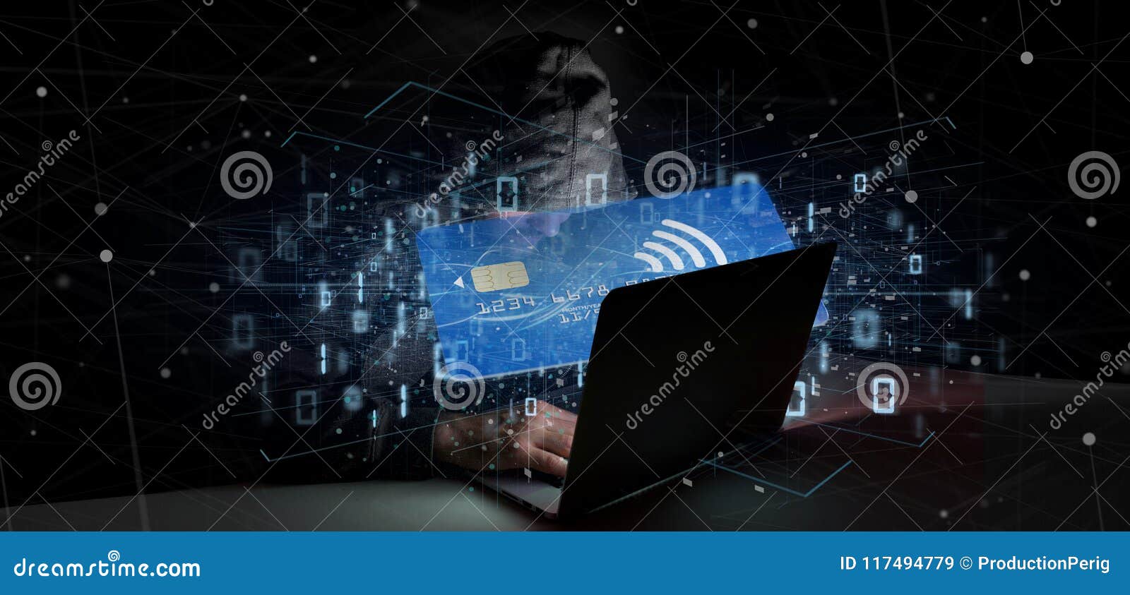 Hacker Man Holding a Contactless Credit Card Payment Concept 3d ...