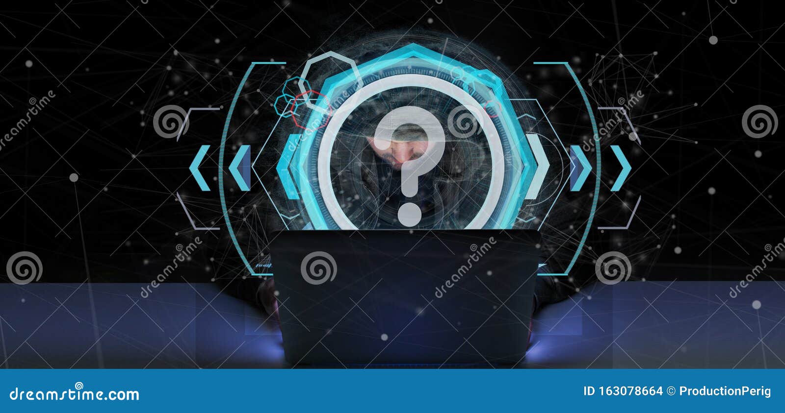 Hacker Man Holding a Technology Question Mark Icon on a Circle 3d ...