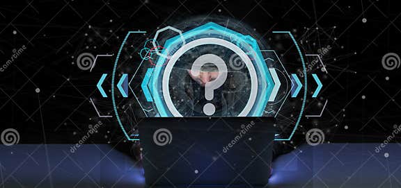 Hacker Man Holding a Technology Question Mark Icon on a Circle 3d ...