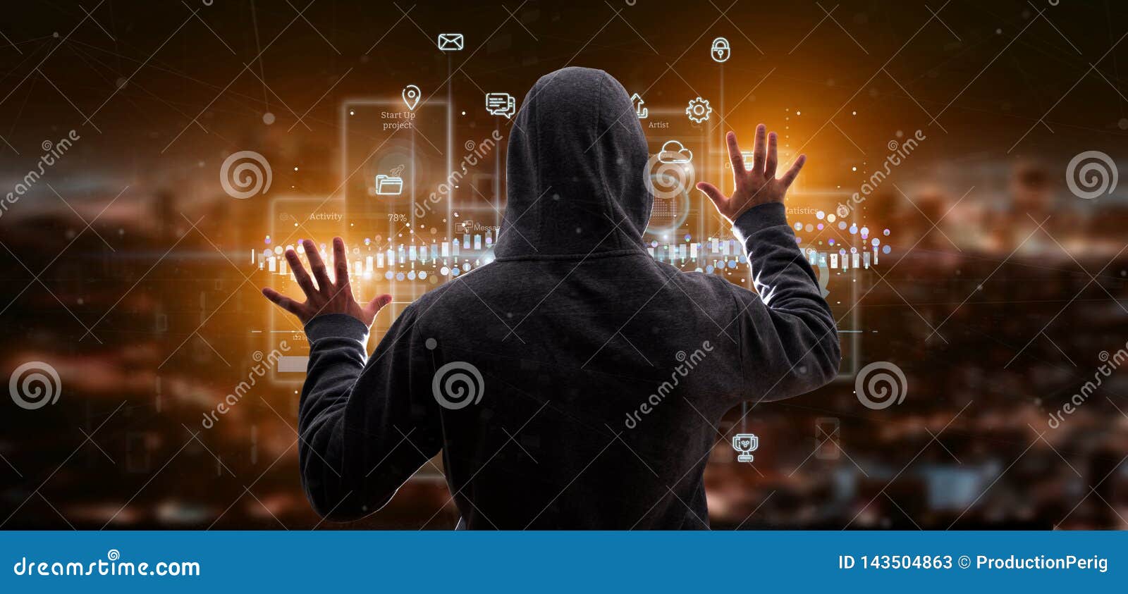 Hacker Man Holding User Interface Screens with Icon, Stats and Data 3d ...
