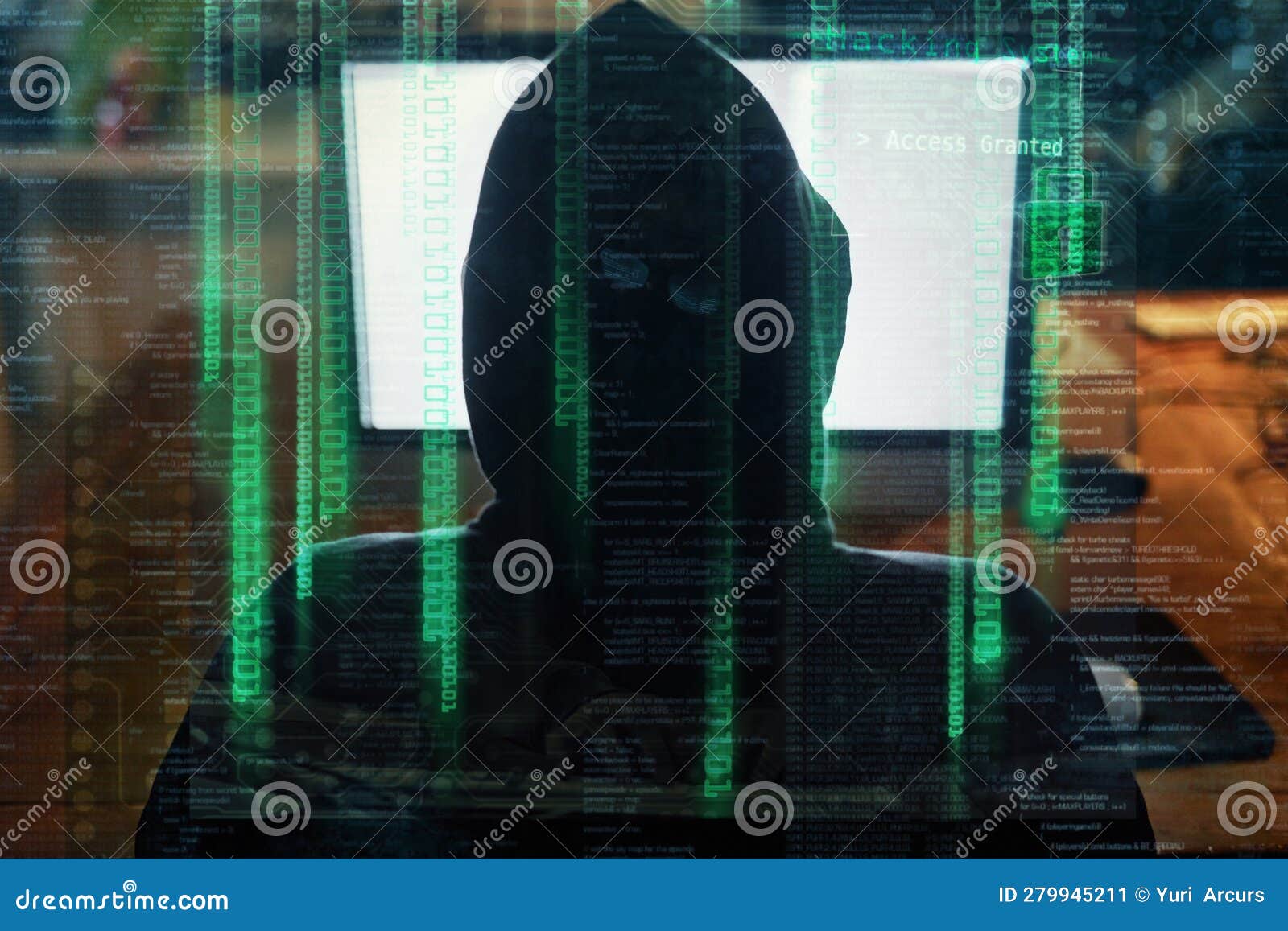 Hacker, Man Hoodie and Computer Screen for Software Hacking, Coding or ...