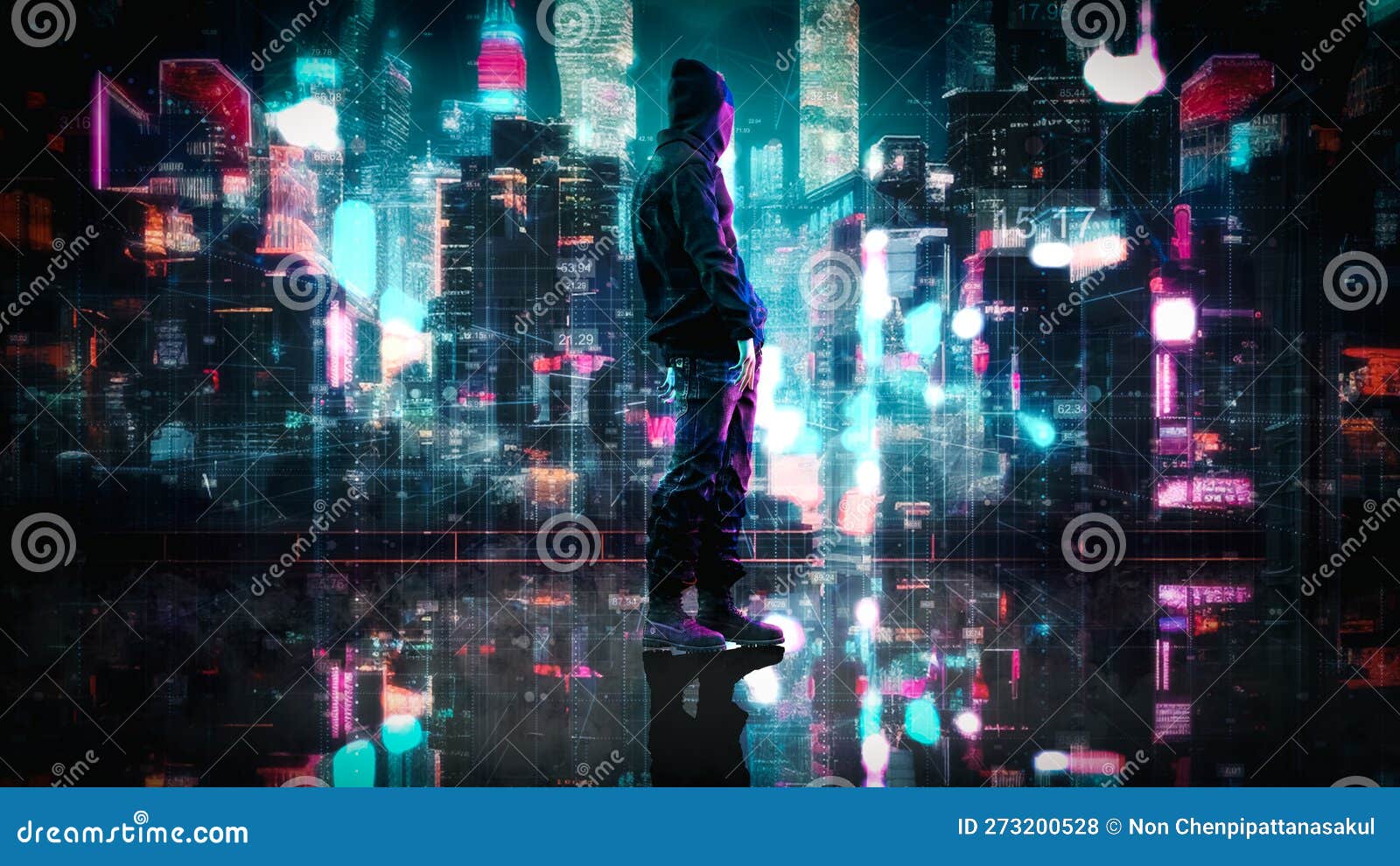 Hacker Man Standing in Front of a City Full of Lights. 3d Illustration ...