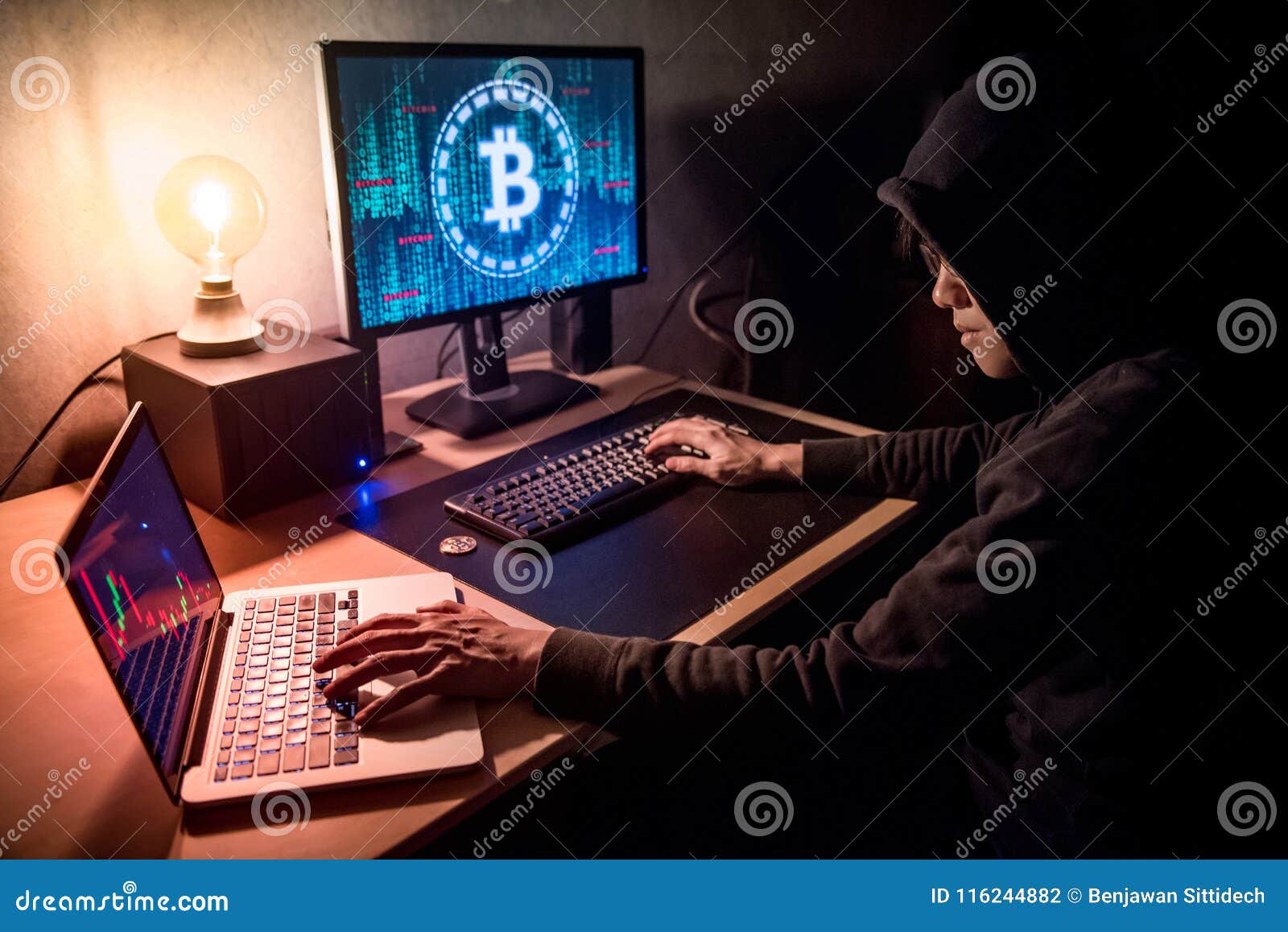 Hacker Man Using Computer for Digital Currency Laundering Stock Photo ...